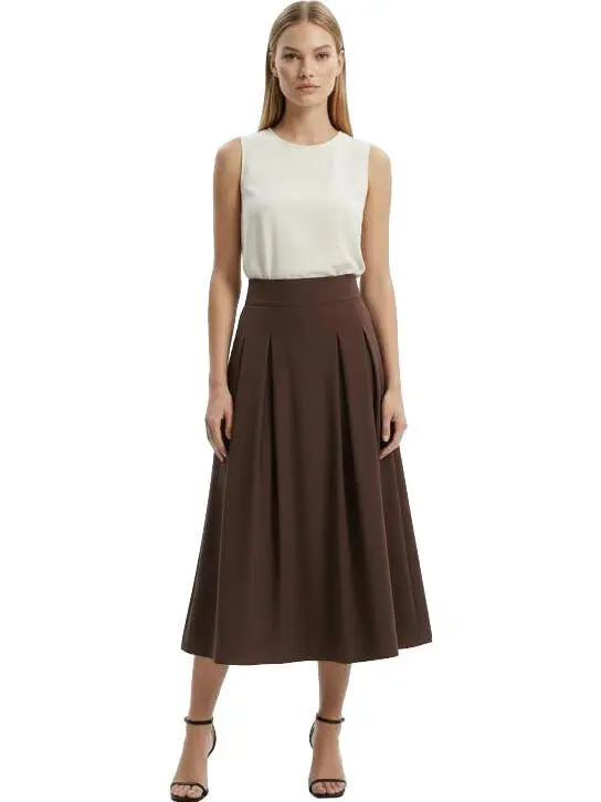 EXQUISE Nayaine Pleated Midi Skirt - Brown
