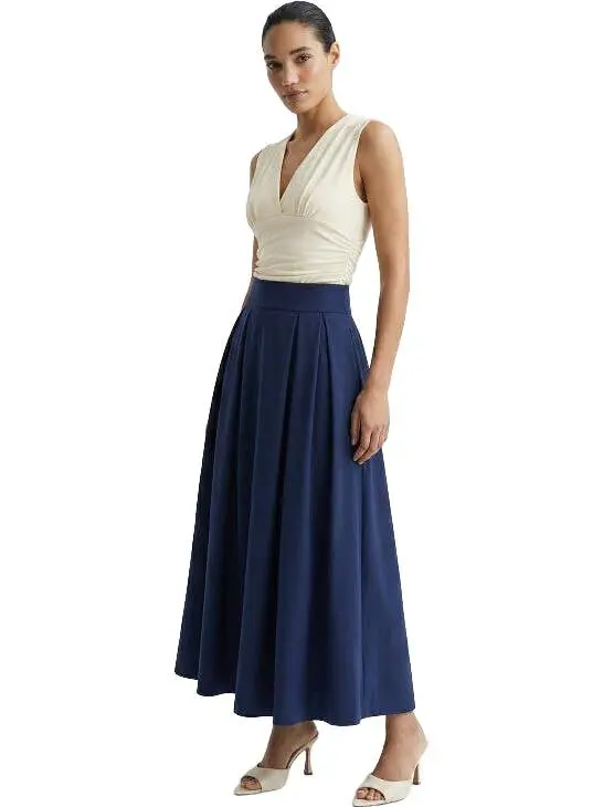 EXQUISE Nayaine Pleated Midi Skirt - Navy