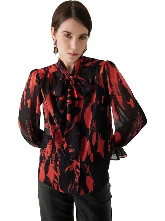 EXQUISE Agatha Sheer Chiffon Blouse With Tie Neck - Red-black