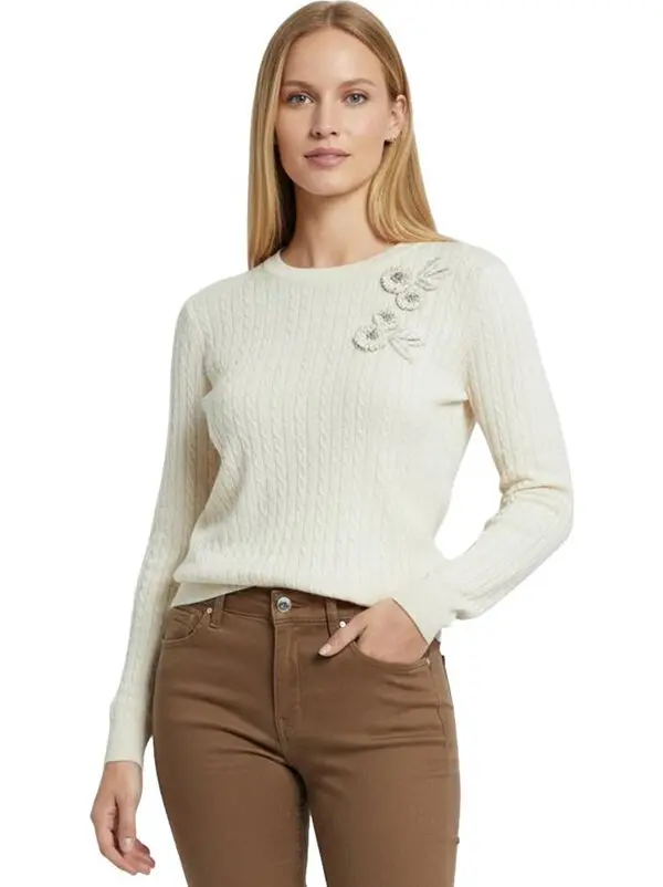 EXQUISE Ryann Embroidered Knit Blouse - Ecru