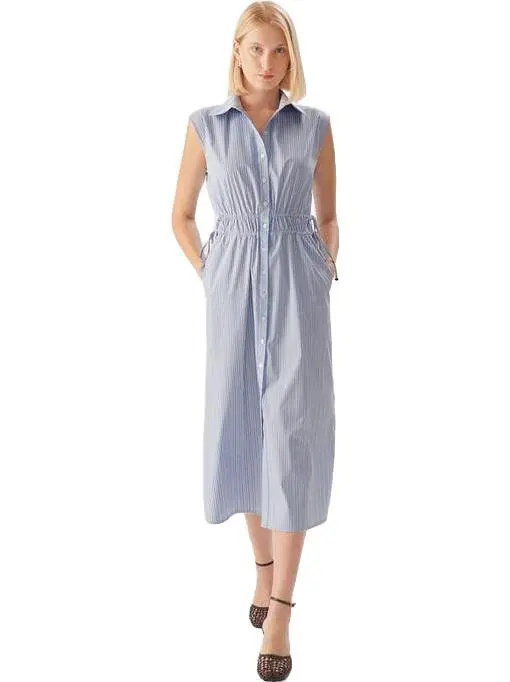 EXQUISE Trinity Midi Dress With Vertical Stripes And Drawstring Waist - Blue