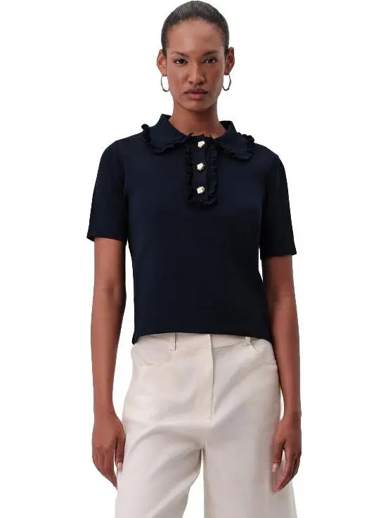 EXQUISE Parker Ruffle Collar Short Sleeve Knit Blouse - Navy