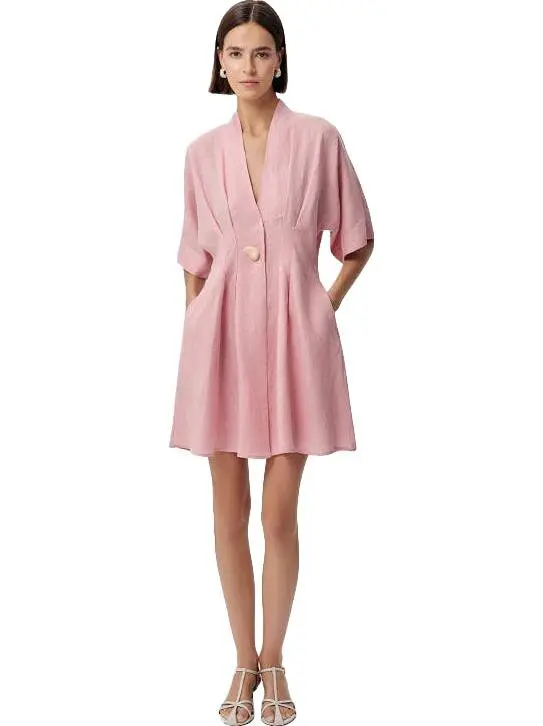 EXQUISE Alita V Neck Short Sleeve Linen Mini Dress - Pink