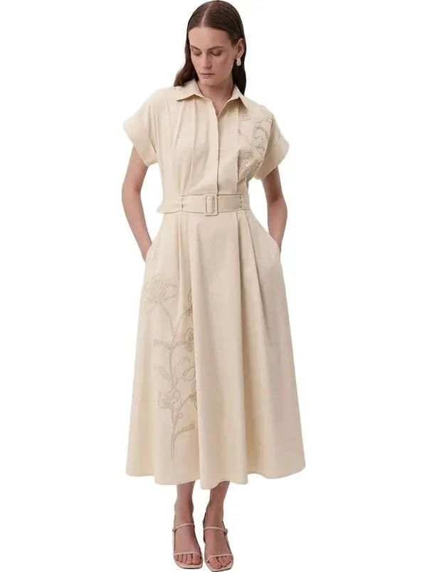 EXQUISE Kelsie Short Sleeve Midi Shirt Dress - Cream