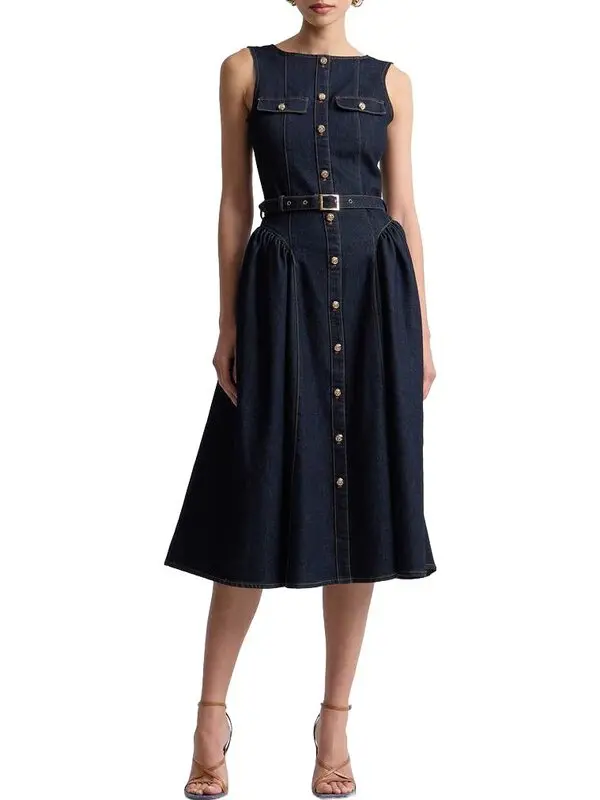 Avec Les Filles Belted Sleeveless Denim Dress - Dark Rinse