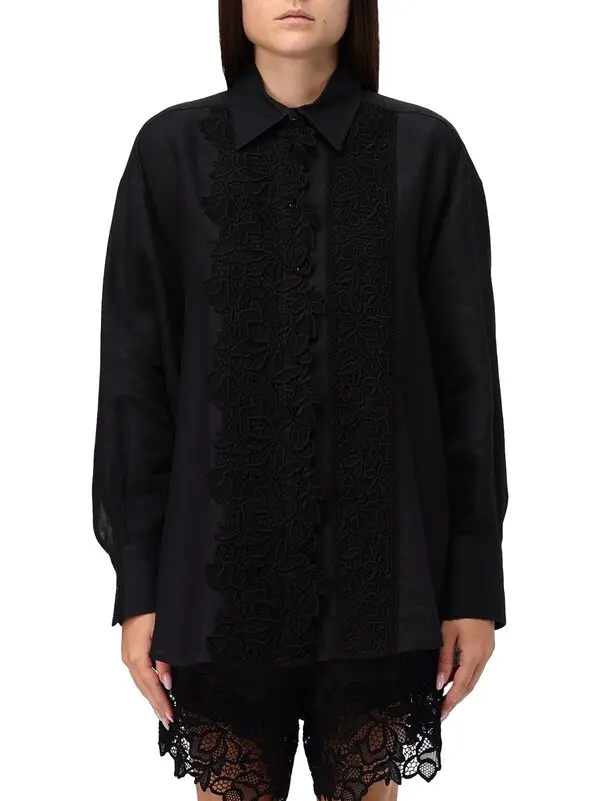 Ermanno Scervino Relaxed Fit Linen Shirt With Lace Inserts - Black