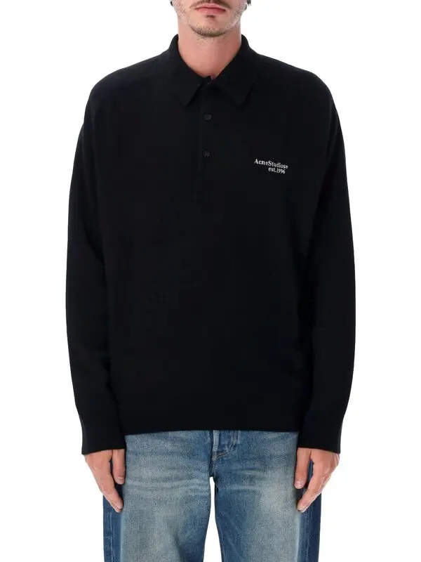 Acne Studios Relaxed Fit Wool And Yak Knit Polo With Embroidered Logo - Black