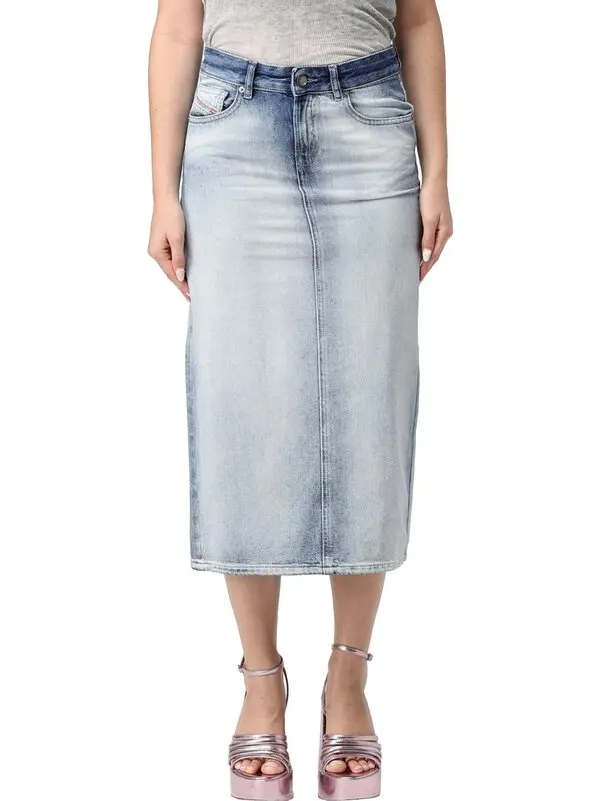 DIESEL® Bleached Denim Midi Pencil Skirt With Back Slit - Blue