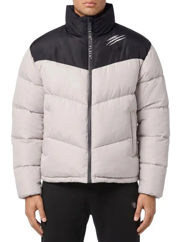 PLEIN SPORT Quilted Puffer Jacket With Stand Collar And Logo Detail - Beige