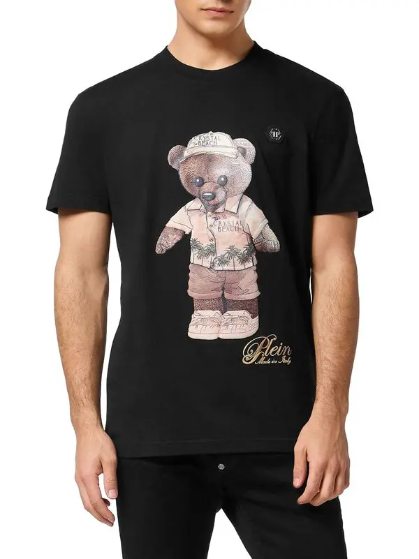 Philipp Plein Slim Fit Teddy Bear Print Cotton T-shirt With Contrast Logo - Black