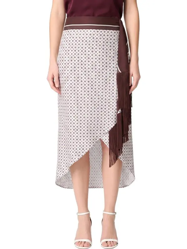 Pinko Printed Midi Wrap Skirt With Fringe Detail - White