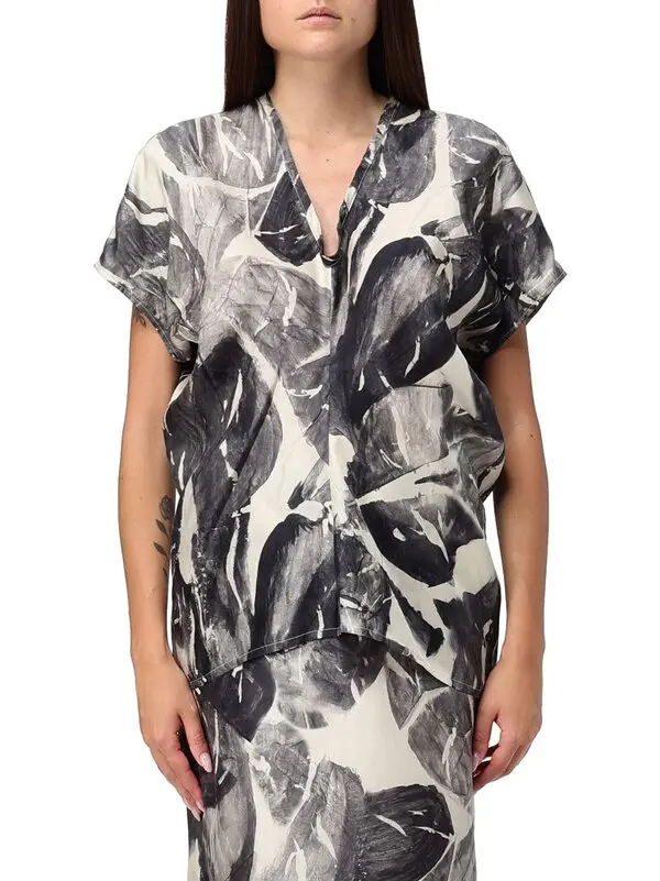 ALYSI Printed V-neck Short Sleeve Blouse - Black