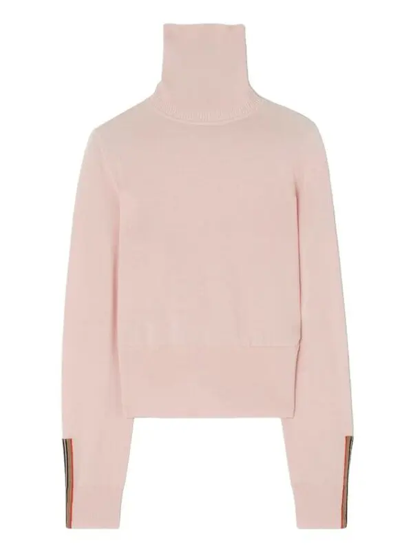 Burberry Wool Rollneck Sweater With Icon Stripe Cuffs - Compact Pink