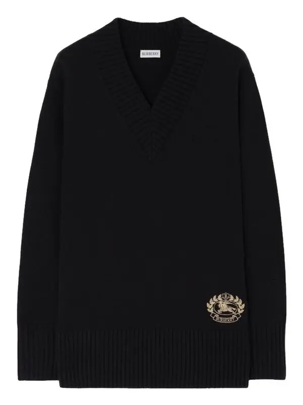 Burberry Wool Cashmere V-neck Sweater With Knight Logo Embroidery - Black