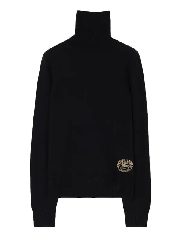 Burberry Wool Cashmere Rollneck Sweater With Logo Embroidery - Black