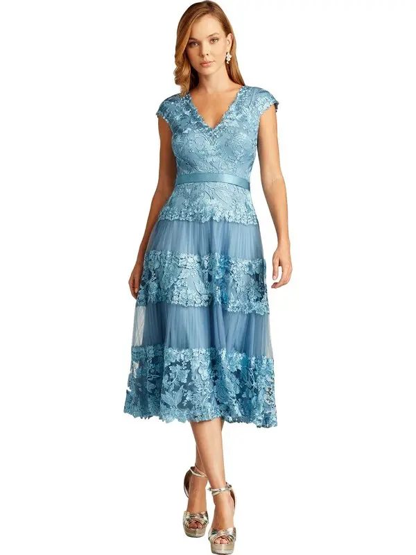 Tadashi Shoji Dinah Embroidered Tulle Dress - Blue Stone