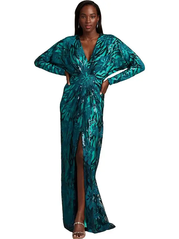 Tadashi Shoji Blanche Draped Dolman Gown - Peacock