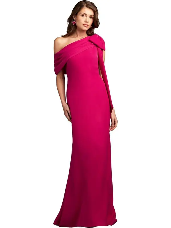 Tadashi Shoji Cassia Bow-shoulder Crepe Gown - Hibiscus