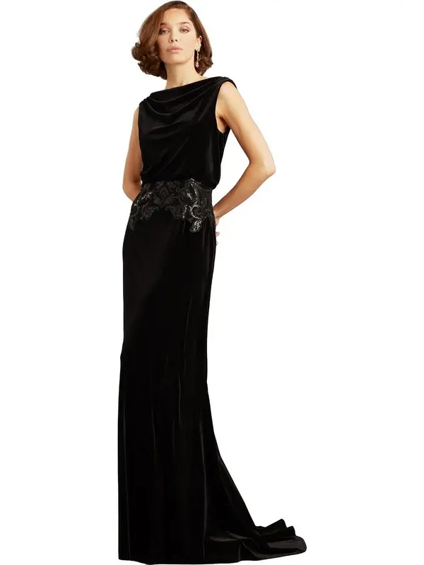 Tadashi Shoji Dunstan Velvet Gown With Embroidered Tulle - Black