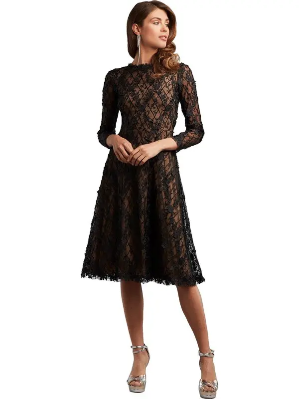 Tadashi Shoji Binx Embroidery Tea-length Dress - Black/nude