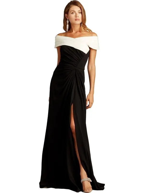 Tadashi Shoji Marion Draped Crepe Gown - White/black