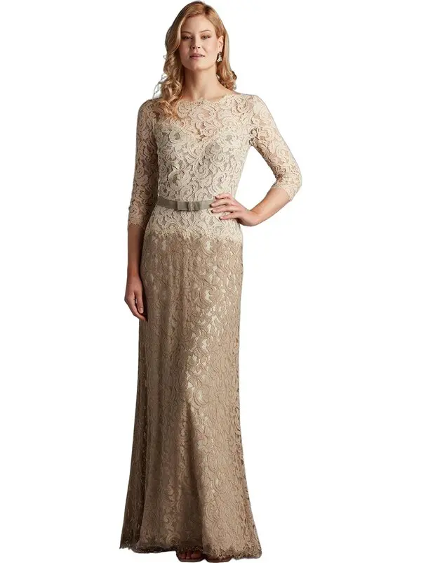 Tadashi Shoji Amberly Belted Lace ¾ Sleeve Gown - Latte/pumice