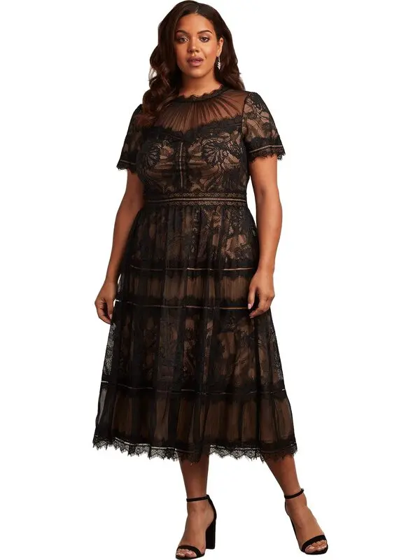 Tadashi Shoji Camilla Tea-length Dress Plus Size - Black/nude
