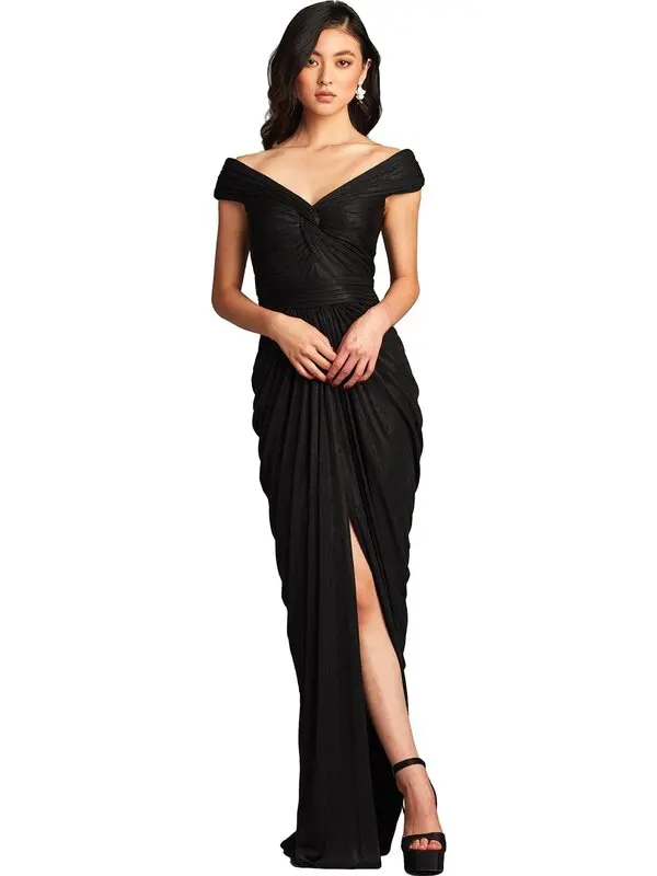 Tadashi Shoji Ellery Draped Metallic Jersey Gown - Black