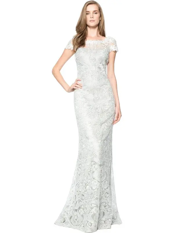 Tadashi Shoji Corded Embroidery Tulle Cap Sleeve Gown - Silver