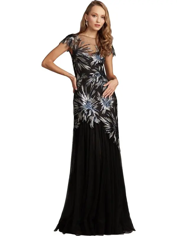 Tadashi Shoji Daphney Metallic Embroidered Tulle Gown - Navy/black