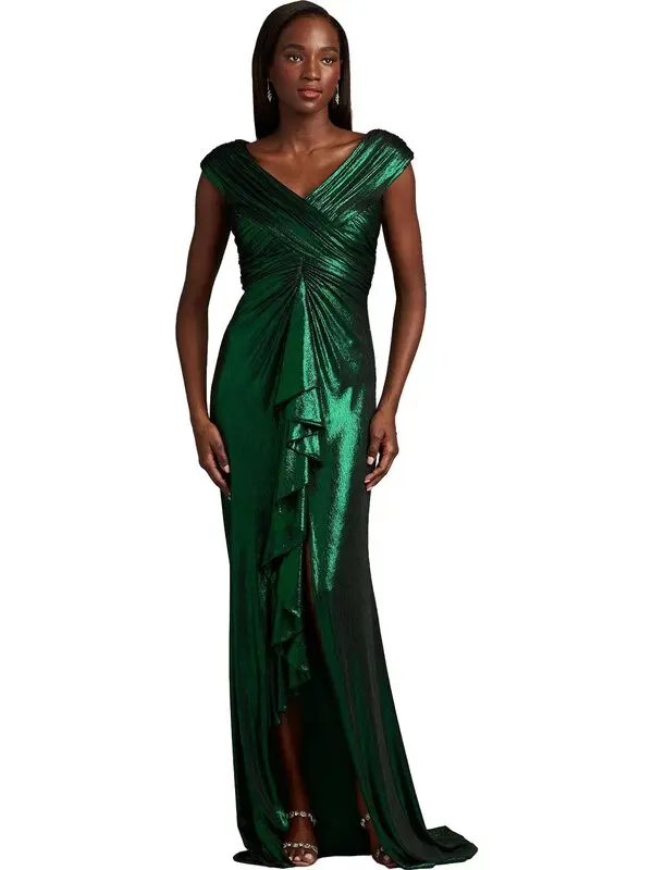 Tadashi Shoji Lucia Draped Metallic Lamé Gown - Pine