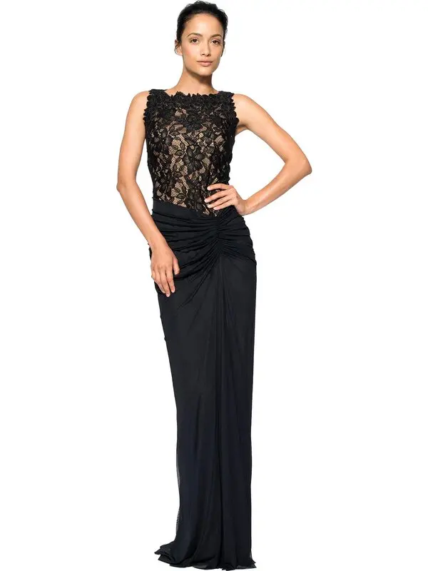 Tadashi Shoji Lace And Draped Tulle Boatneck Gown Petite - Black/nude