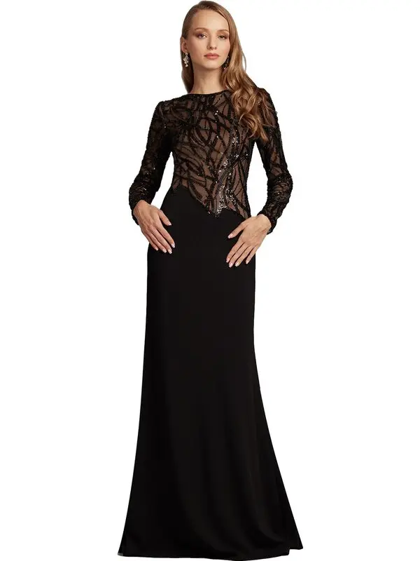 Tadashi Shoji Delphine Beaded Crepe Gown - Black/nude