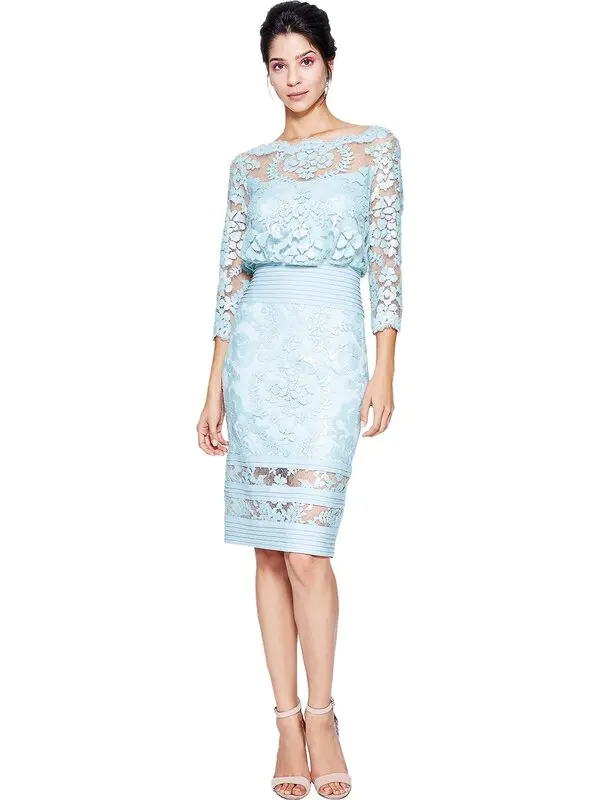 Tadashi Shoji Blouson Waist Paillette Embroidered Lace Dress - Mint