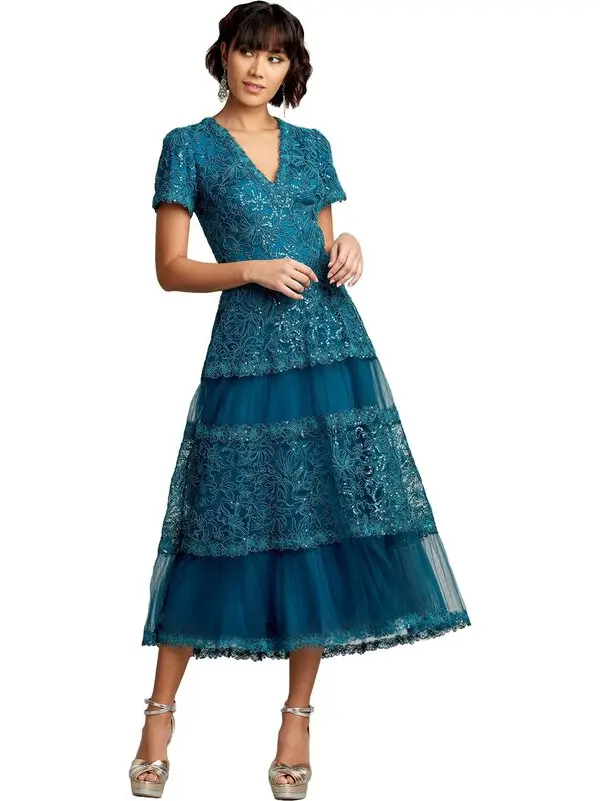 Tadashi Shoji Canyon Sequin Embroidered Tulle Dress - Atlantic Blue