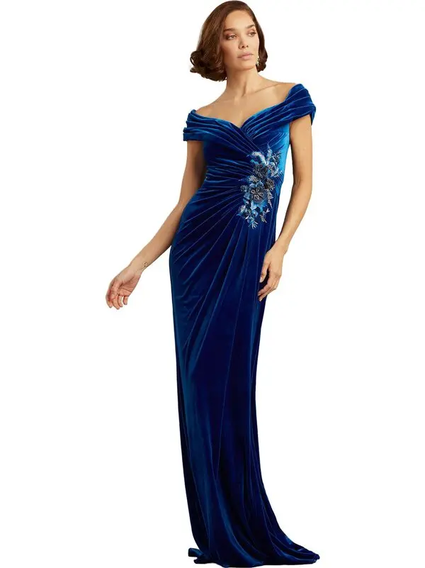 Tadashi Shoji Viola Embroidered Velvet Gown - Cobalt