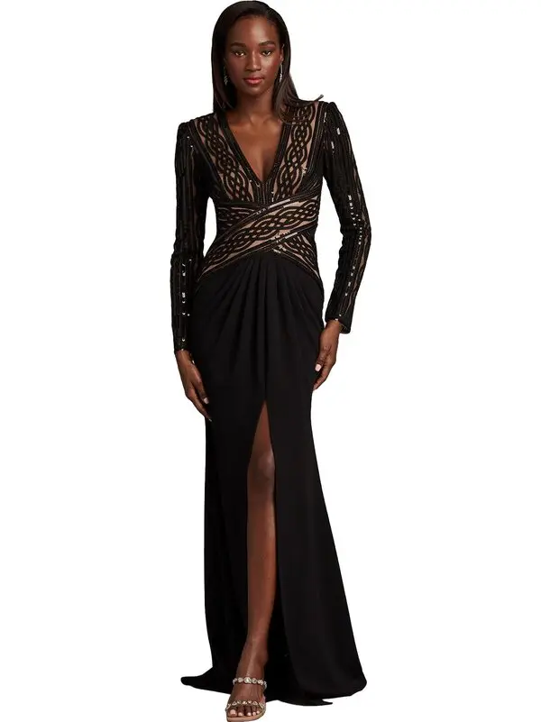 Tadashi Shoji Desiree Braid Embroidered Crepe Gown - Black/nude