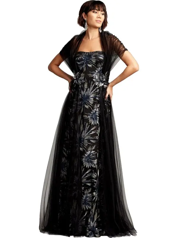 Tadashi Shoji Laverne Tulle Overlay Embroidered Gown - Navy/black