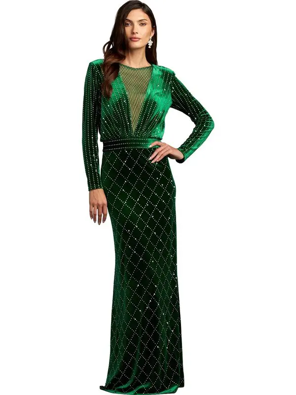 Tadashi Shoji Avi Diamanté Plunge Gown - Pine