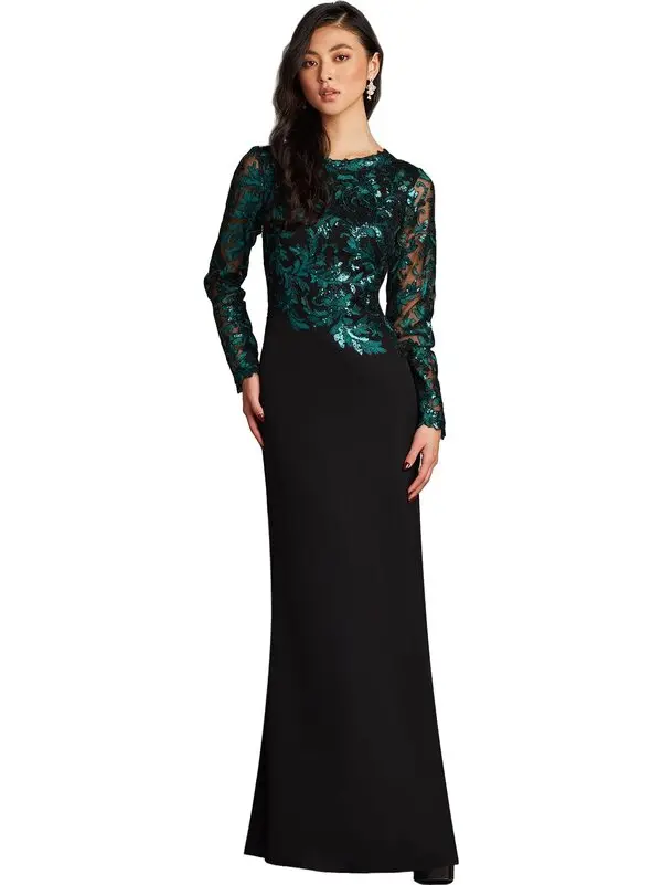 Tadashi Shoji Kanya Long-sleeve Crepe Gown - Elm/black