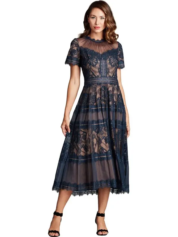 Tadashi Shoji Lace Tea-length Dress - Navy/nude