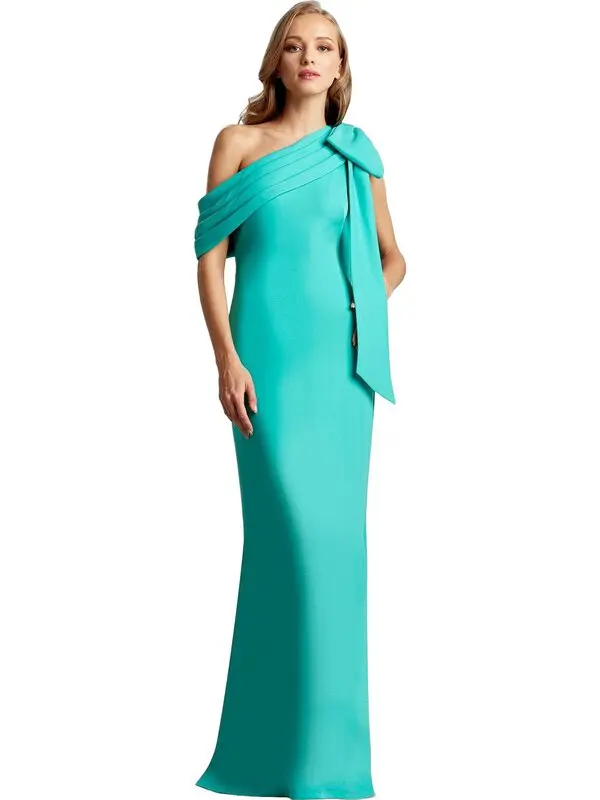 Tadashi Shoji Cassia Bow-shoulder Crepe Gown - Caribbean