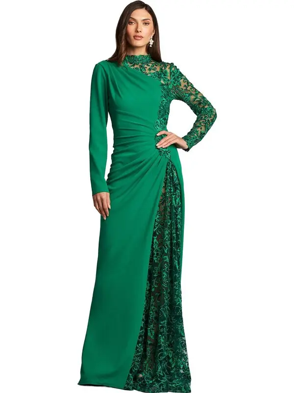 Tadashi Shoji Petra Draped Illusion Gown - Pine