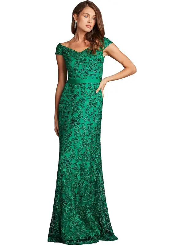 Tadashi Shoji Sonya Belted Lace Gown - Pine