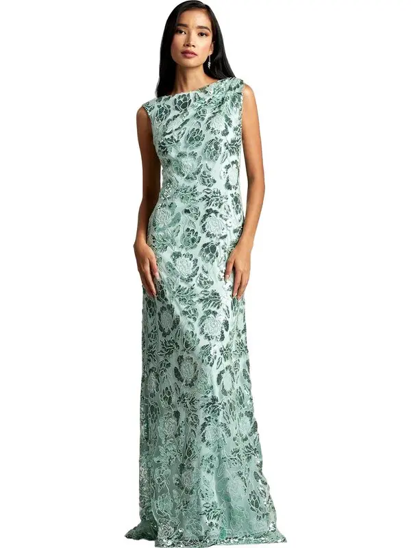 Tadashi Shoji Sequin Embroidered Draped Back Gown - Frosted Jade