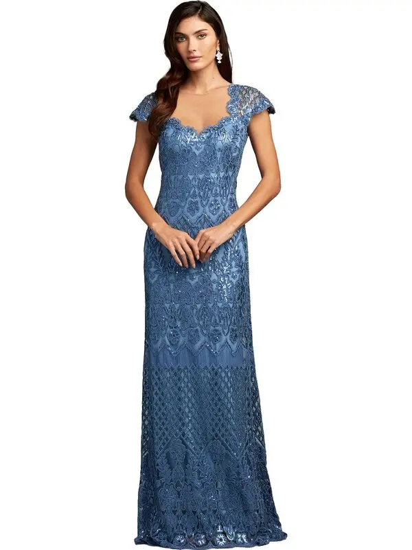 Tadashi Shoji Nowak Sequin Embroidered Gown - Blue Stone