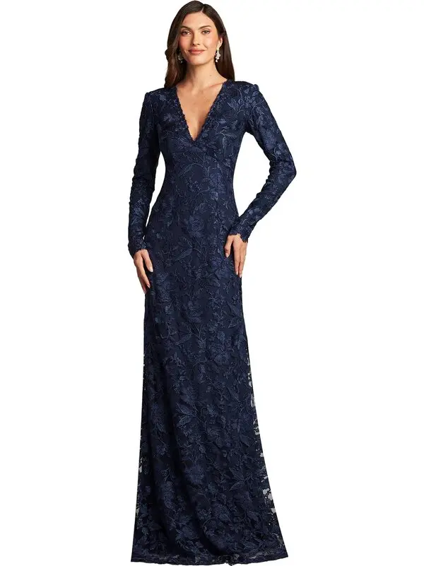 Tadashi Shoji Wilder Long Sleeve Embroidered Gown - Navy