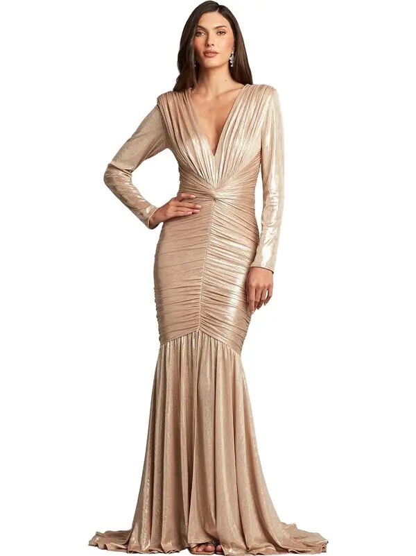 Tadashi Shoji Camellia Metallic Twist Drape Gown - Pebble