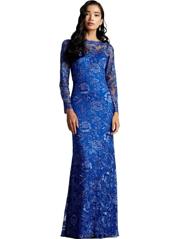 Tadashi Shoji Adalyn Embroidered Illusion Gown - Lagoon