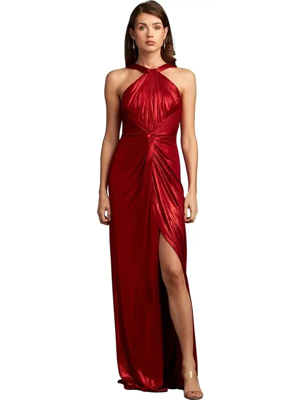 Tadashi Shoji Ambrosia Draped Halter Lamé Gown - Deep Red